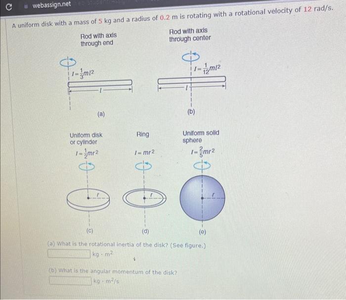 Solved A uniform disk with a mass of 5 kg and a radius of | Chegg.com