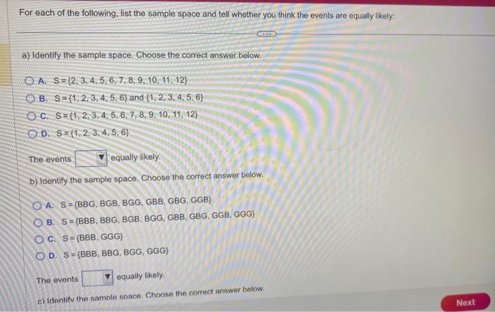 Solved For each of the following, list the sample space and | Chegg.com