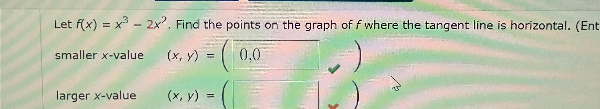 Solved Let f(x)=x3-2x2. ﻿Find the points on the graph of f | Chegg.com