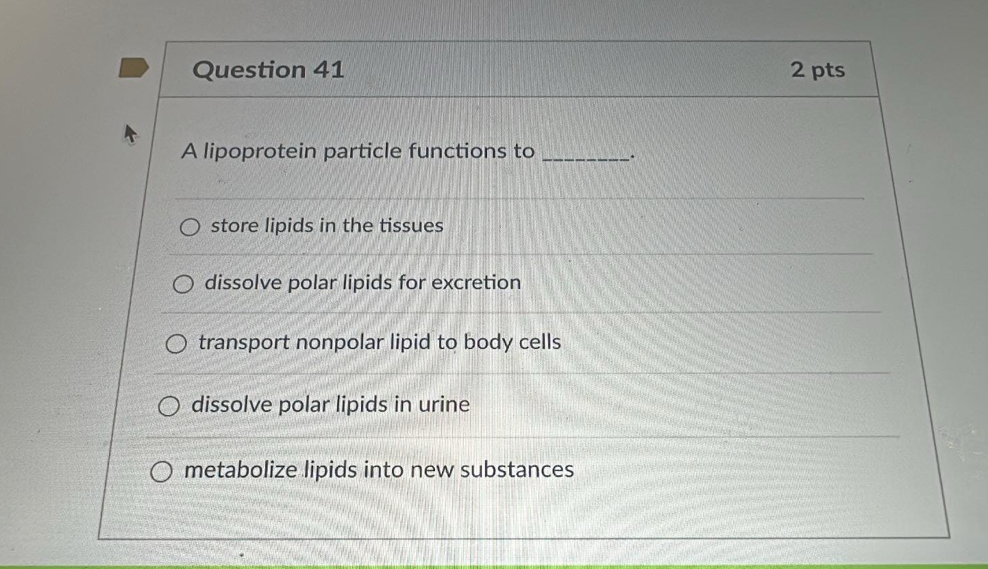 Solved Question 412 ﻿ptsA lipoprotein particle functions to | Chegg.com
