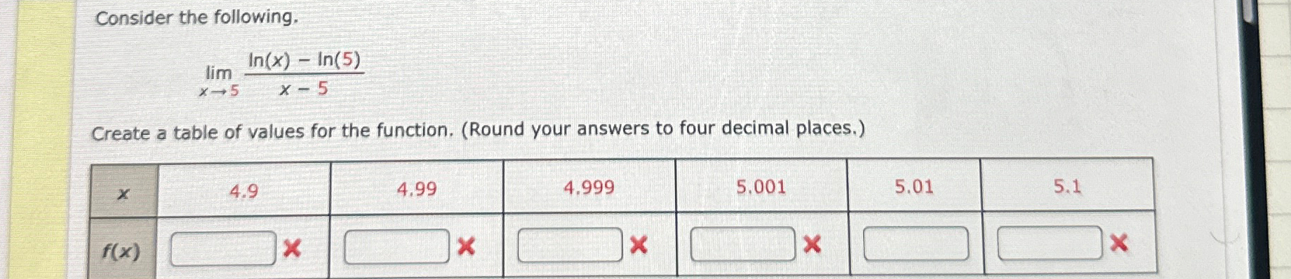 Solved Consider the following.limx→5ln(x)-ln(5)x-5Create a | Chegg.com
