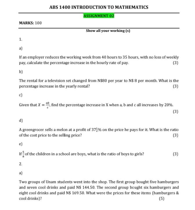 Solved ABS 1400 INTRODUCTION TO MATHEMATICS ASSIGNMENT 02 | Chegg.com