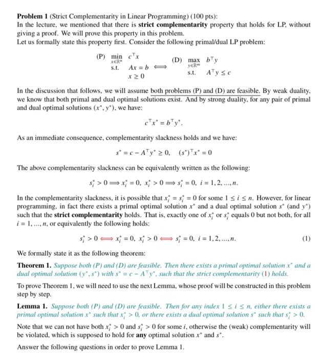 Solved Problem 1 (Strict Complementarity in Linear | Chegg.com