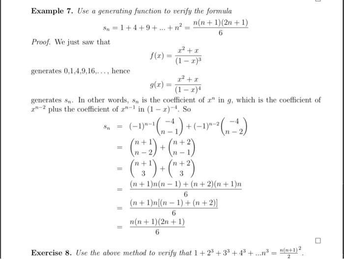 Solved Example 7. Use a generating function to verify the | Chegg.com