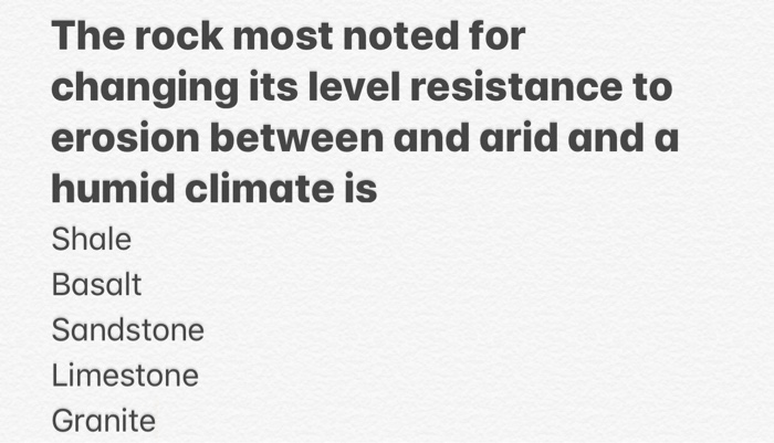 Solved The rock most noted for changing its level resistance | Chegg.com