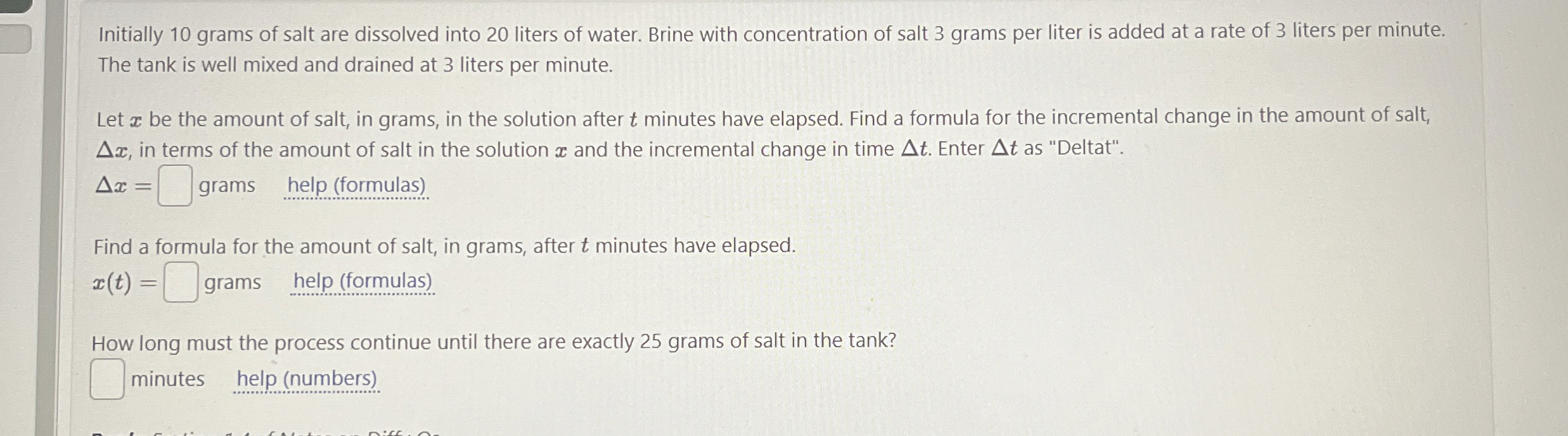Solved Initially 10 ﻿grams of salt are dissolved into 20 | Chegg.com
