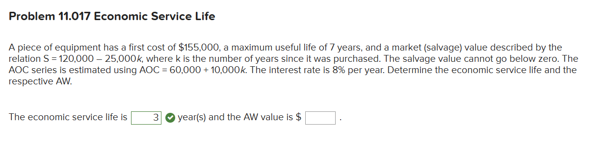 Problem 11.017 ﻿Economic Service LifeA piece of | Chegg.com
