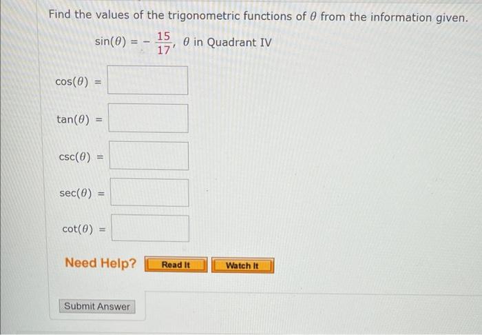 Solved Find the values of the trigonometric functions of θ | Chegg.com