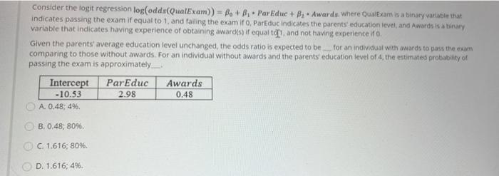 Solved Consider the logit regression log(odds(QualExam)) - | Chegg.com