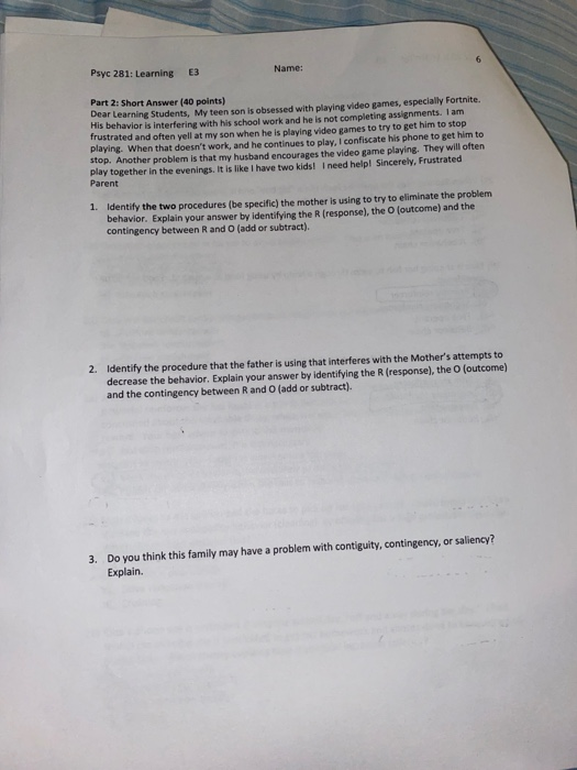 Solved Psyc 281: Learning Name: E3 Part 2: Short Answer (40 | Chegg.com