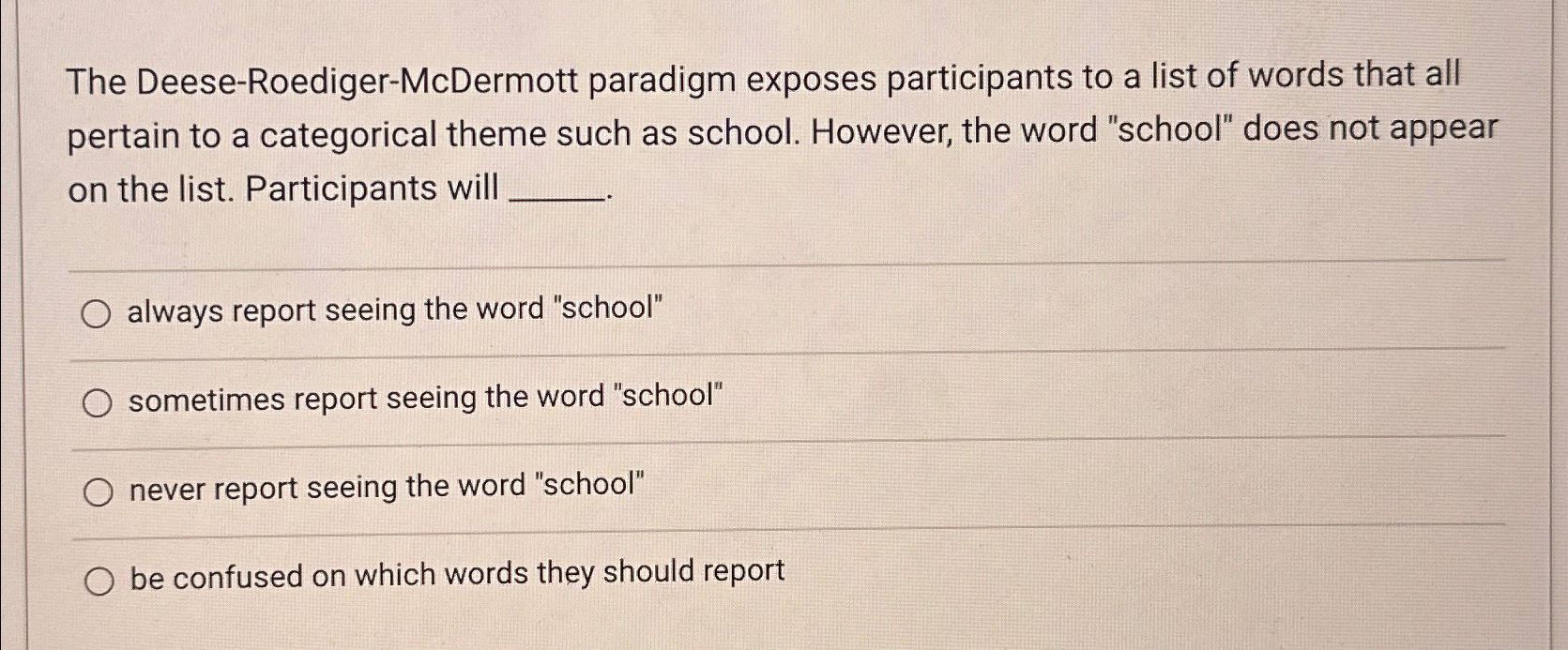 Solved The Deese-Roediger-McDermott paradigm exposes | Chegg.com