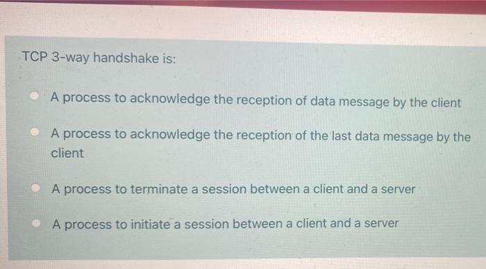 Solved TCP 3-way handshake is: A process to acknowledge the | Chegg.com