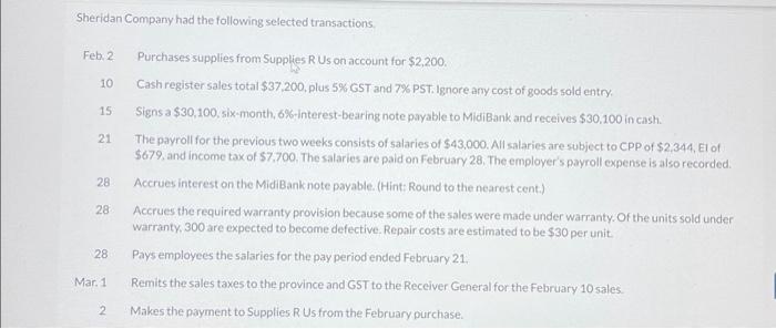 Solved Sheridan Company had the following selected | Chegg.com