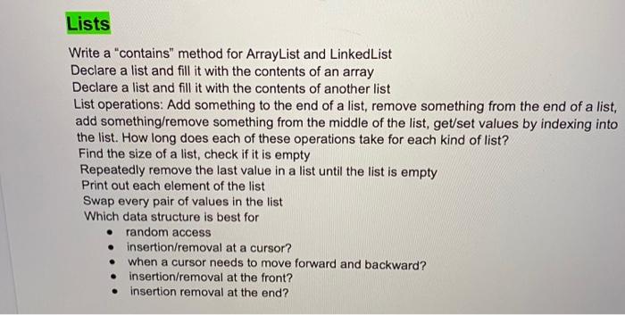 Solved Lists Write a "contains" method for ArrayList and | Chegg.com