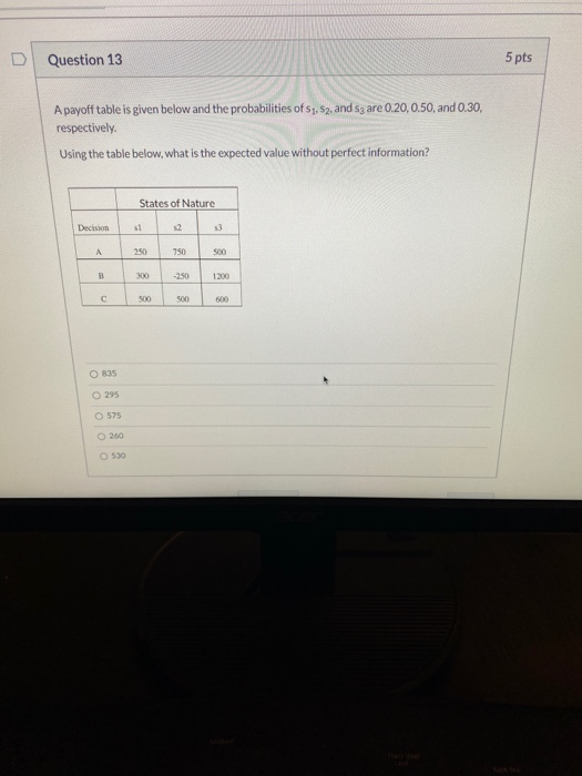 Solved Question 13 5 pts A payoff table is given below and | Chegg.com