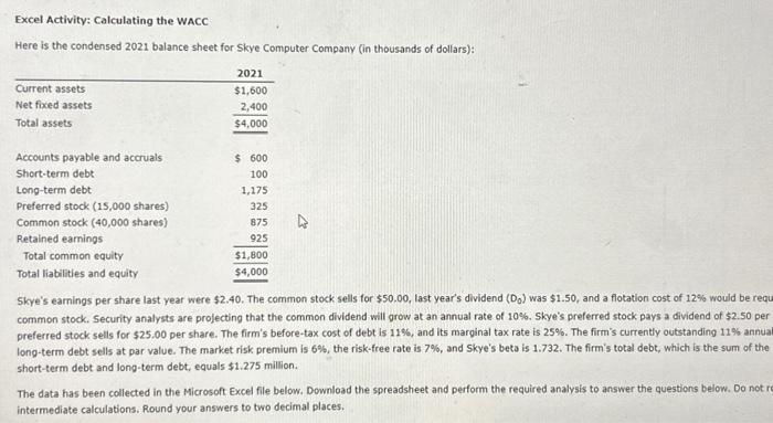 Solved Excel Activity: Calculating the WACC Here is the | Chegg.com