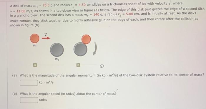 Solved A disk of mass m1=70.0 g and radius r1=4.50 cm slides | Chegg.com