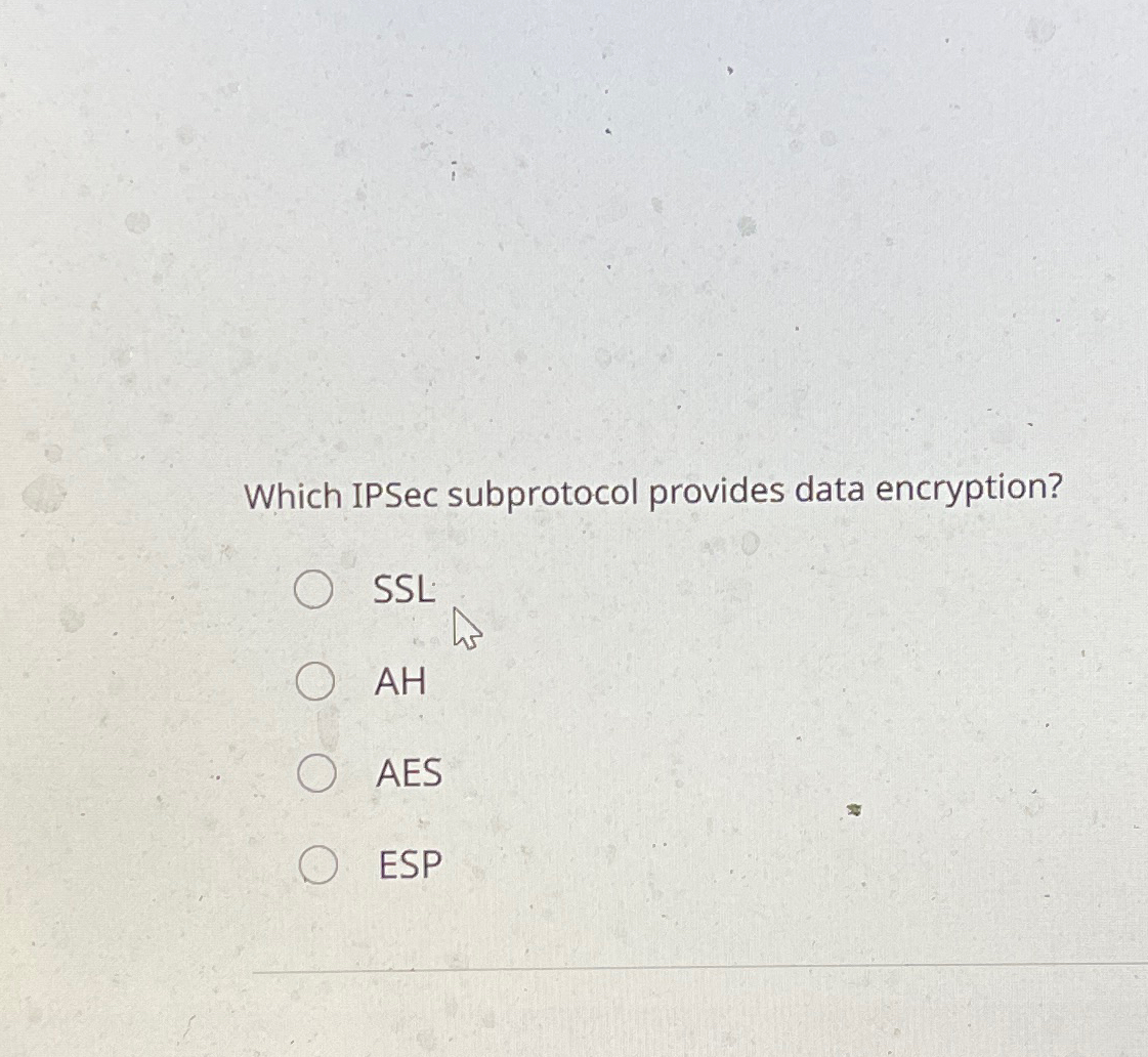 Solved Which IPSec subprotocol provides data | Chegg.com