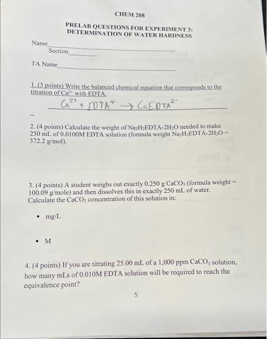 Solved PRELAB QUESTIONS FOR EXPERIMENT 3: DETERMINATION OF | Chegg.com