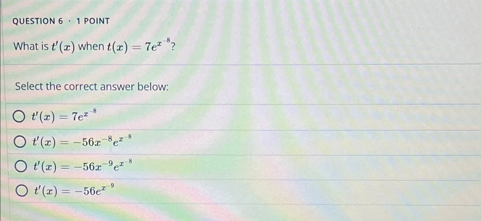 Solved QUESTION 6 - 1 ﻿POINTWhat is t'(x) ﻿when | Chegg.com