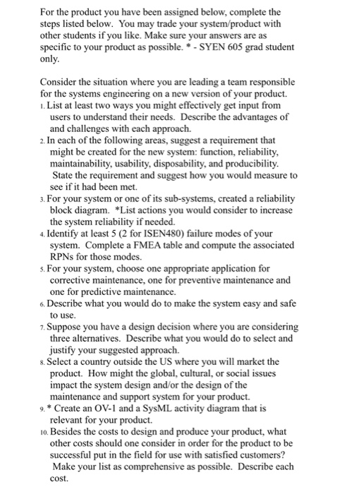 Solved For the product you have been assigned below, | Chegg.com