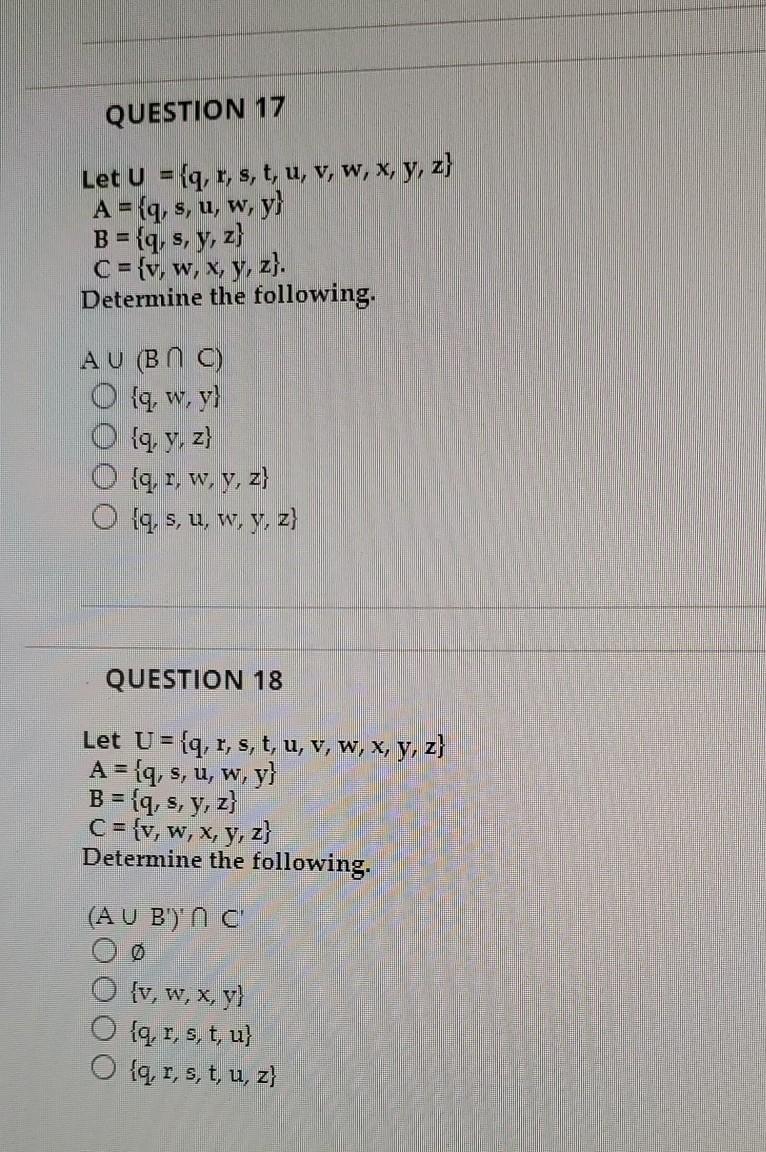Solved QUESTION 17 Let U = {q, r, s, t, u, v, w, x, y, z} A | Chegg.com Solved QUESTION 17 Let U = {q, r, s, t, u, v, w, x, y, z} A | Chegg.com