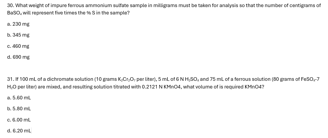 Solved What weight of impure ferrous ammonium sulfate sample | Chegg.com