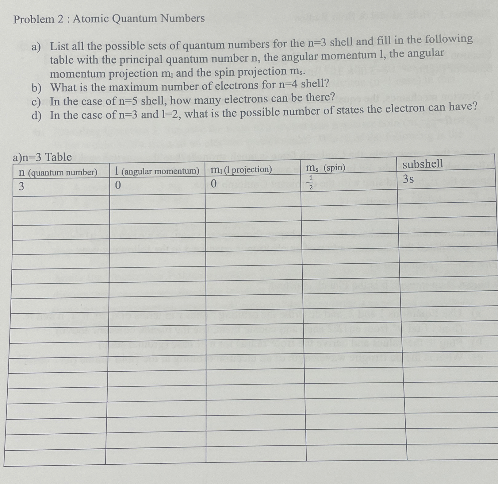 Solved Problem 2 ﻿: Atomic Quantum Numbersa) ﻿List all the | Chegg.com