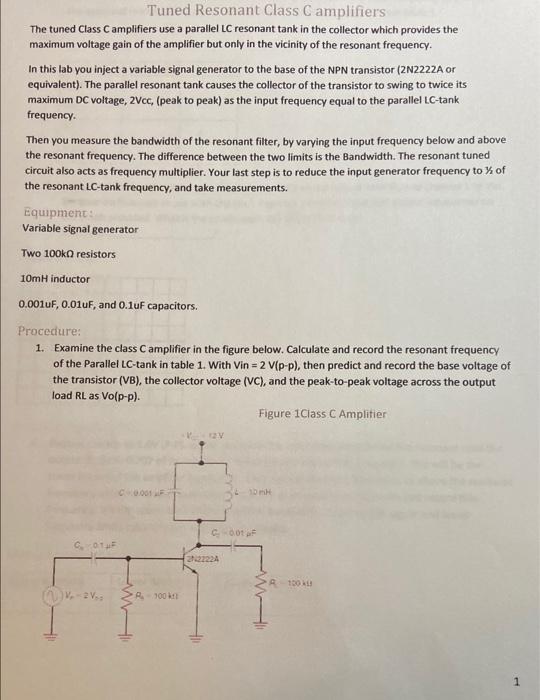 Solved Tuned Resonant Class C amplifiers The tuned Class C | Chegg.com