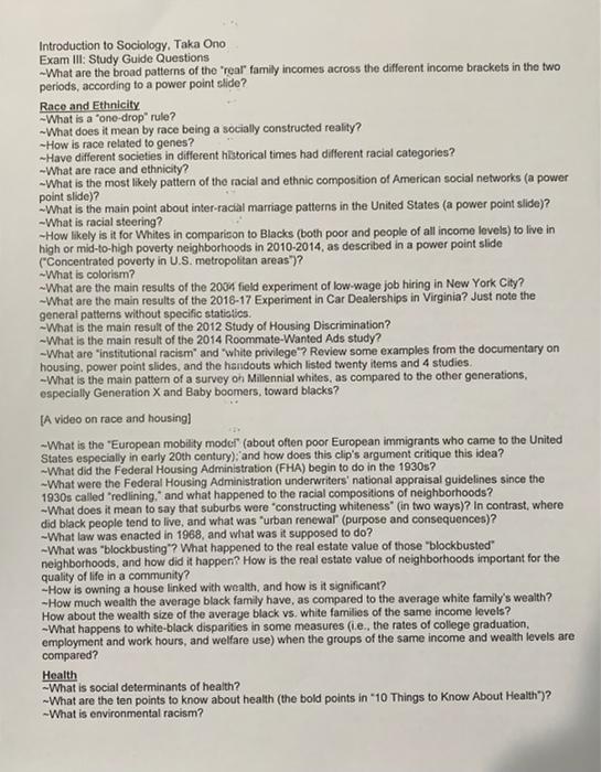 Introduction to Sociology. Taka Ono Exam III: Study | Chegg.com