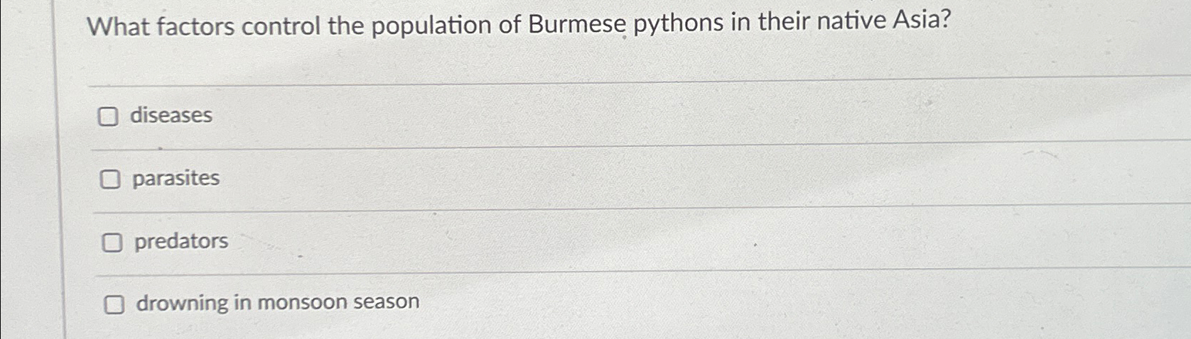 Solved What factors control the population of Burmese | Chegg.com