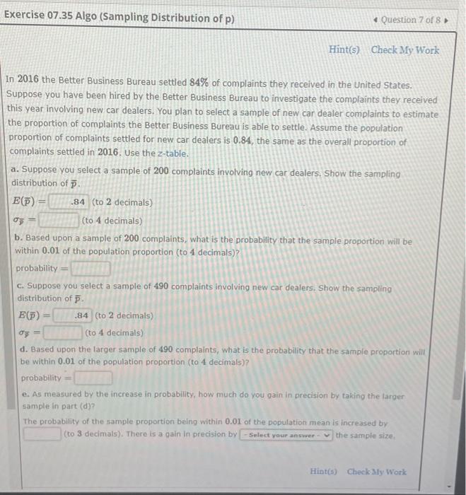 Solved Exercise 07.35 Algo (Sampling Distribution of p) In | Chegg.com