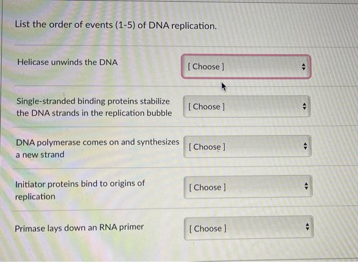 Solved List the order of events (1-5) of DNA replication. | Chegg.com