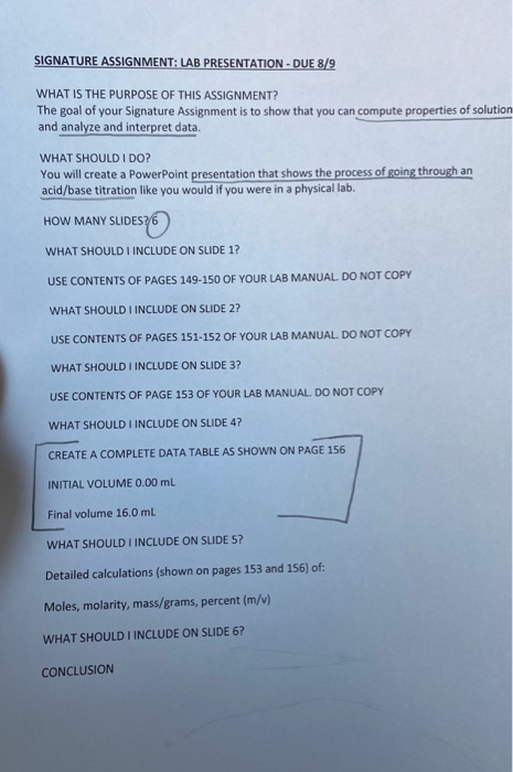 Solved SIGNATURE ASSIGNMENT: LAB PRESENTATION - DUE 8/9 WHAT | Chegg.com
