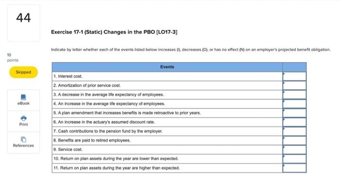 Solved Exercise 17-1 (Static) Changes in the PBO [LO17-3] | Chegg.com
