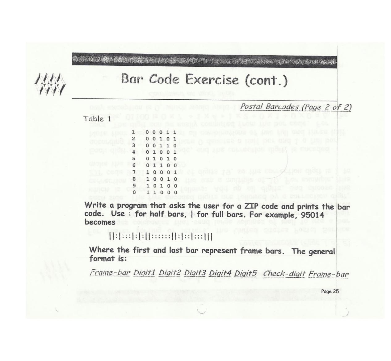 Solved Bar Code Exercise (cont.)Postal Barcodes (Page 2 ﻿of | Chegg.com