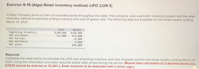 Solved Exercise 9-15 (Algo) Retail inventory method; LIFO | Chegg.com