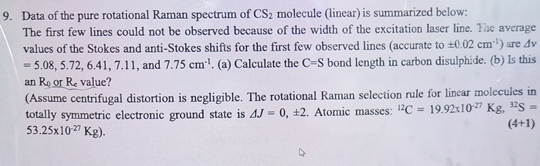 Solved Data Of The Pure Rotational Raman Spectrum Of Cs2