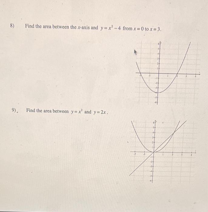 Solved 8) Find the area between the x-axis and y=x2−4 from | Chegg.com
