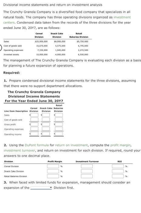 Solved Divisional income statements and return on investment | Chegg.com