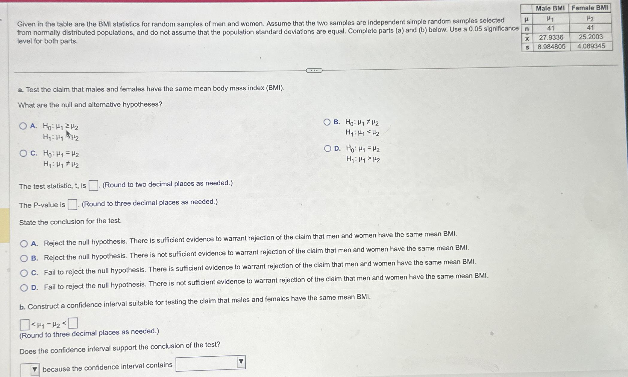 Solved Given in the table are the BMI statistics for random | Chegg.com