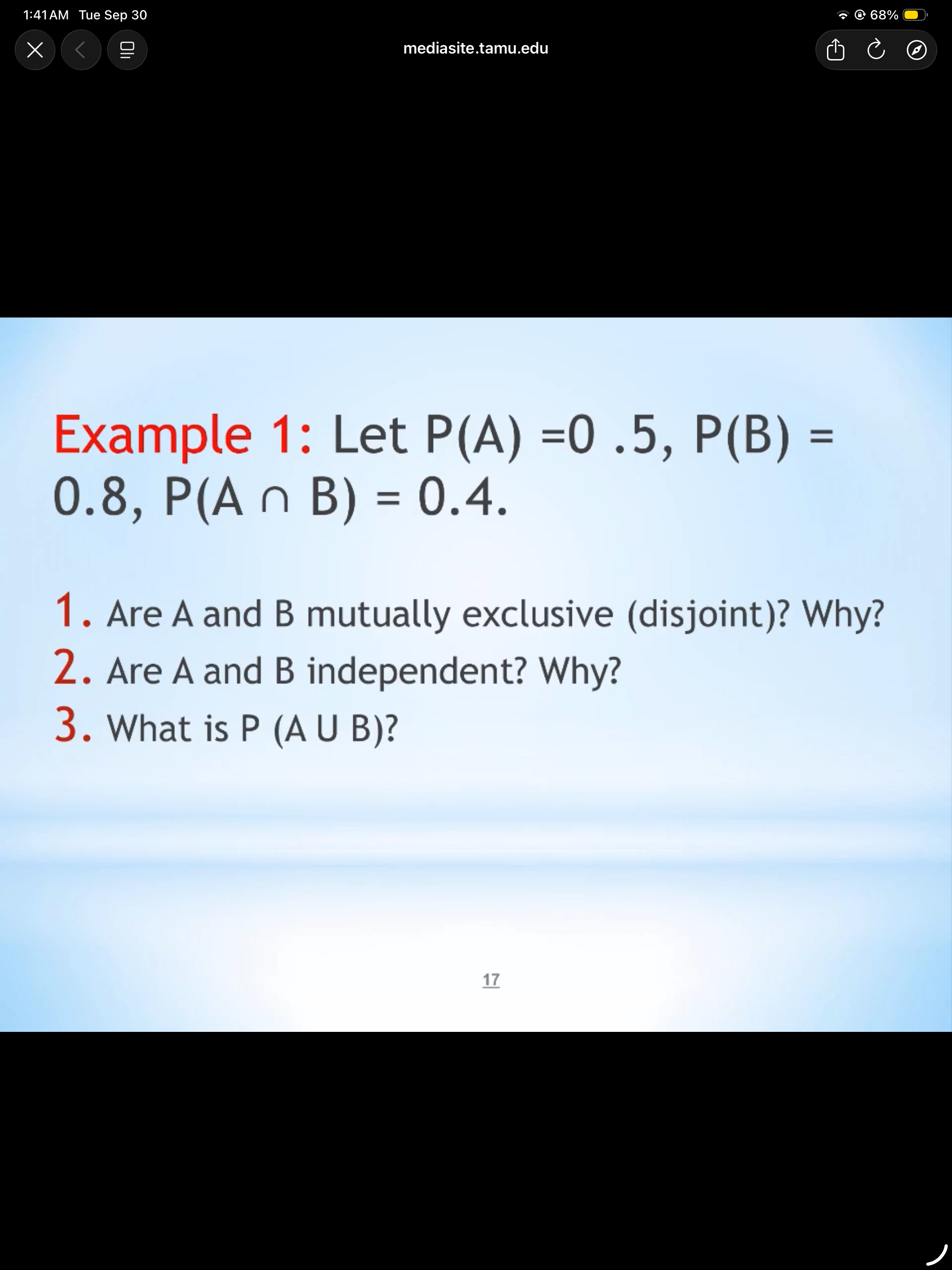 Solved Example 1: Let P(A)=0.5,P(B)=0.8,P(A∩B)=0.4.Are A and | Chegg.com