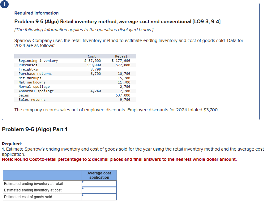 Solved !Required InformationProblem 9-6 (Algo) ﻿Retail | Chegg.com