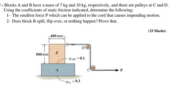 Solved - Blocks A and B have a mass of 7 kg and 10 kg, | Chegg.com