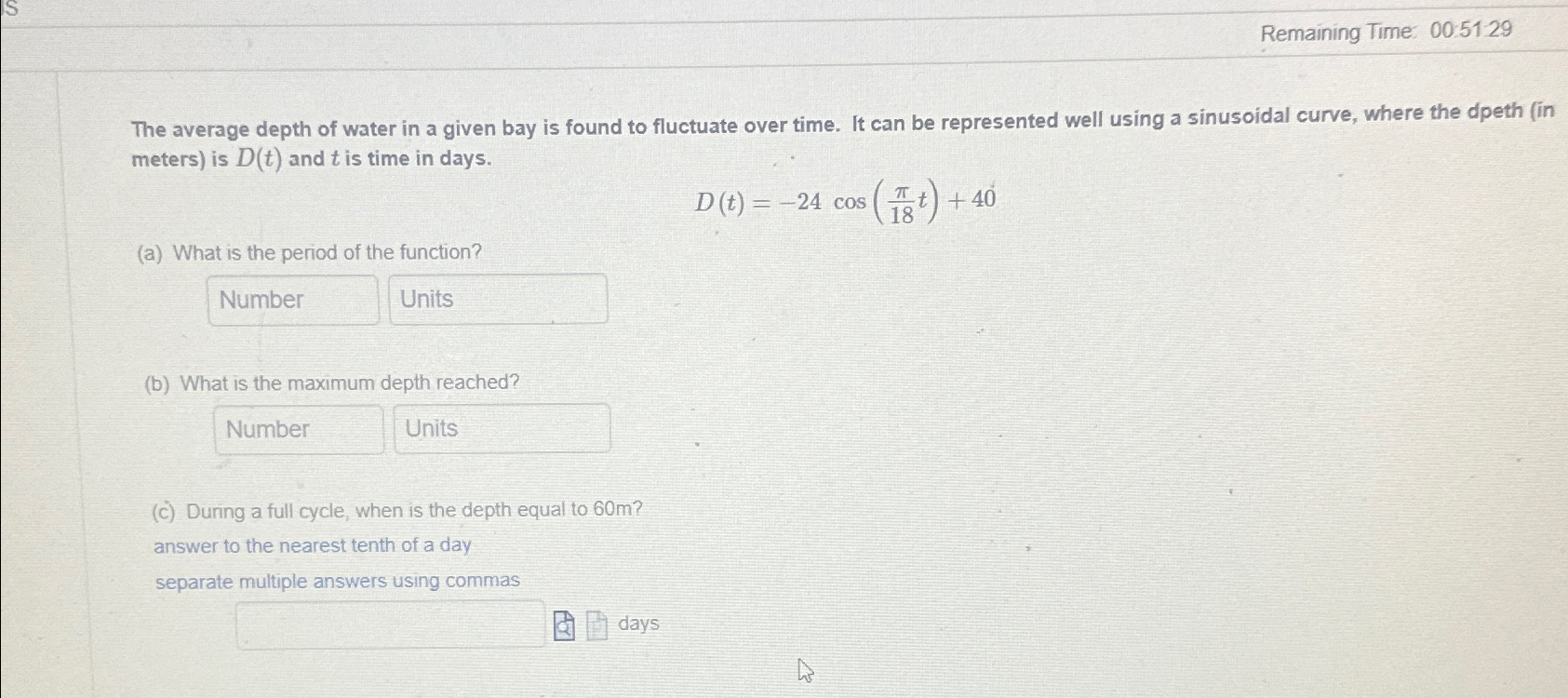 Solved Remaining Time: 00.5129The average depth of water in | Chegg.com