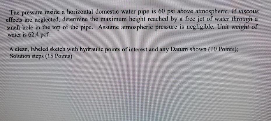 Solved The pressure inside a horizontal domestic water pipe | Chegg.com