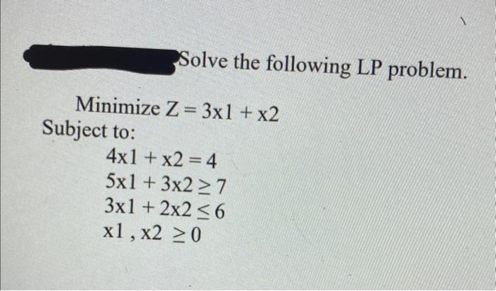 Solved Solve the following LP problem. Minimize Z=3x1+x2 | Chegg.com