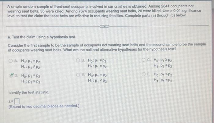 Solved A simple random sample of front-seat occupants | Chegg.com