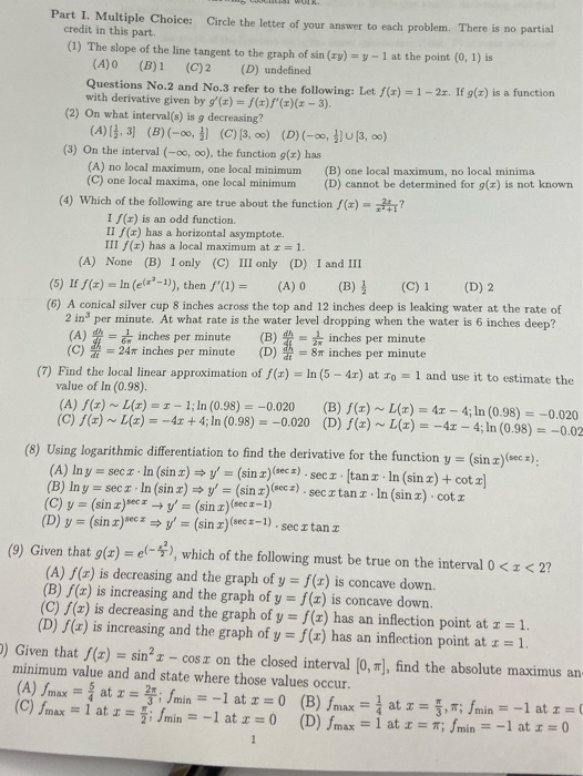 Solved Part I. Multiple Choice: Circle the letter of your | Chegg.com