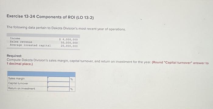 Solved Exercise 13-24 Components of ROI (LO 13-2) The | Chegg.com